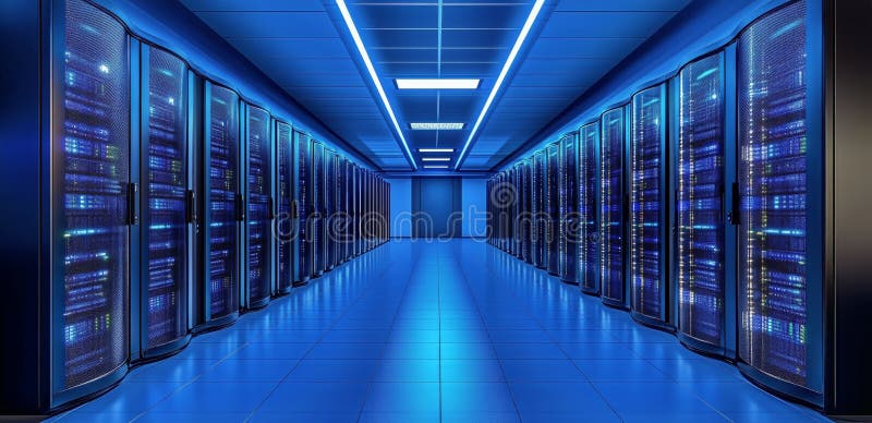 Modern Data Center with Blue Lighting and Server Racks at Night Stock ...