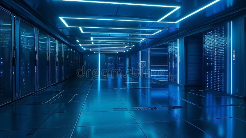Modern Data Center with Blue Lights - High-Tech Server Room Interior ...