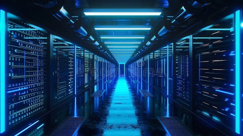 Modern Data Center with Blue Lights - High-Tech Server Room Interior ...