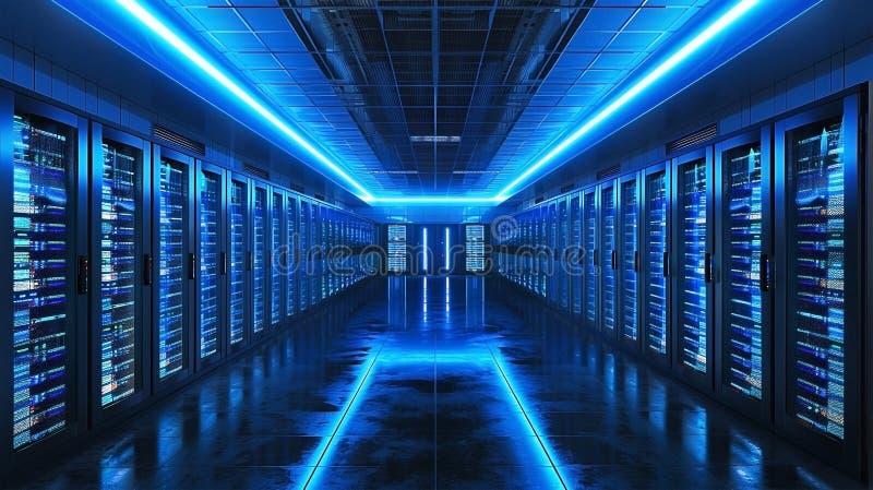Modern Data Center with Blue Lights - High-Tech Server Room Interior ...