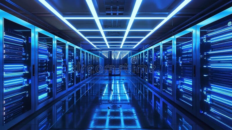 Modern Data Center with Blue Lights - High-Tech Server Room Interior ...