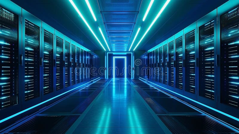 Modern Data Center with Blue Lights - High-Tech Server Room Interior ...