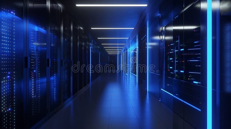 Modern Data Center with Blue Lights - High-Tech Server Room Interior ...