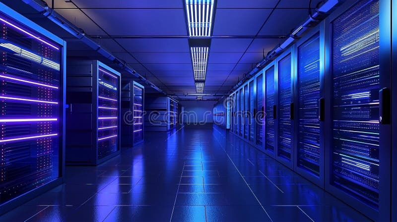 Modern Data Center with Blue Lights - High-Tech Server Room Interior ...