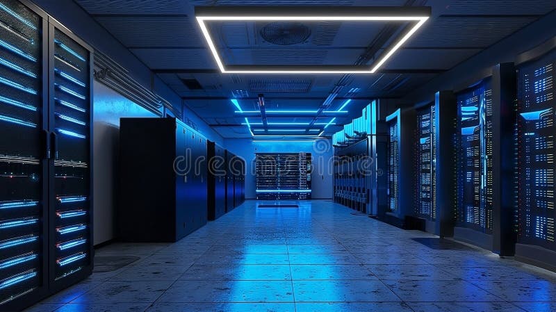 Modern Data Center with Blue Lights - High-Tech Server Room Interior ...