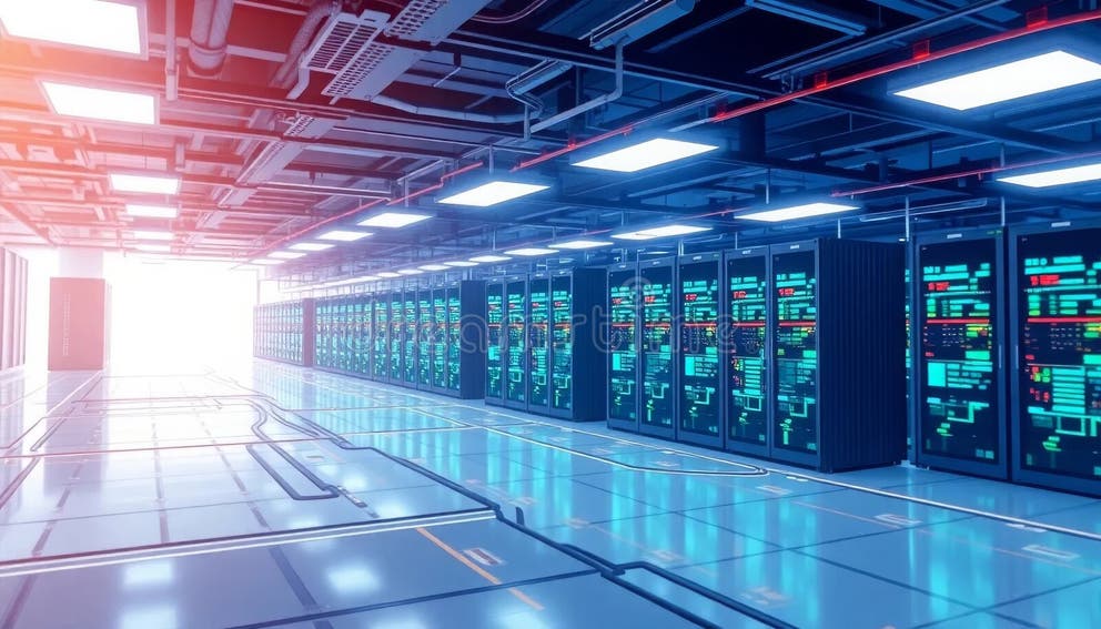 Modern Data Center with Blue-lit Servers and Sleek Design, Showcasing ...