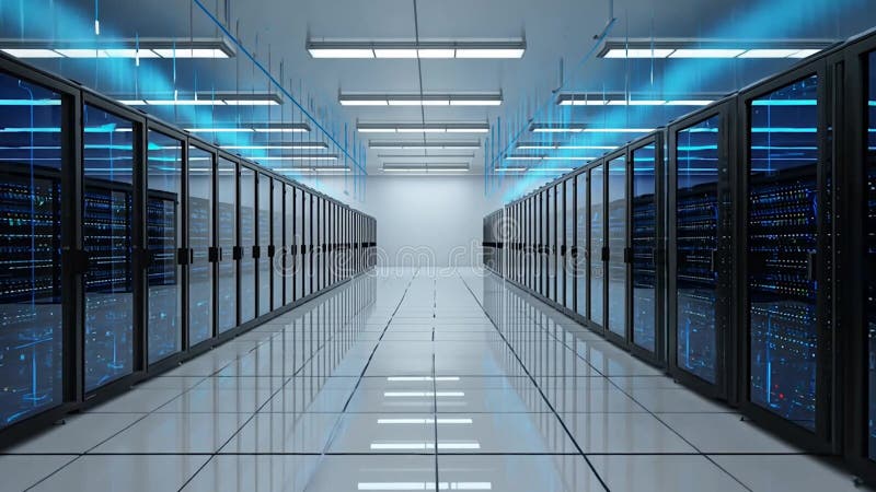 Modern Data Center with Blue Lit Servers and a Sleek, Symmetrical ...