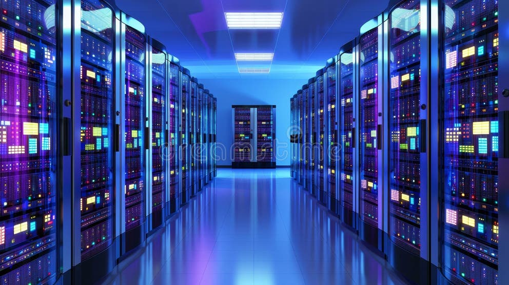 Modern Data Center with Brightly Illuminated Cloud Servers for Optimal ...