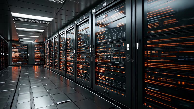 A Futuristic Data Center Showcases Sleek Black Server Racks Lit by ...