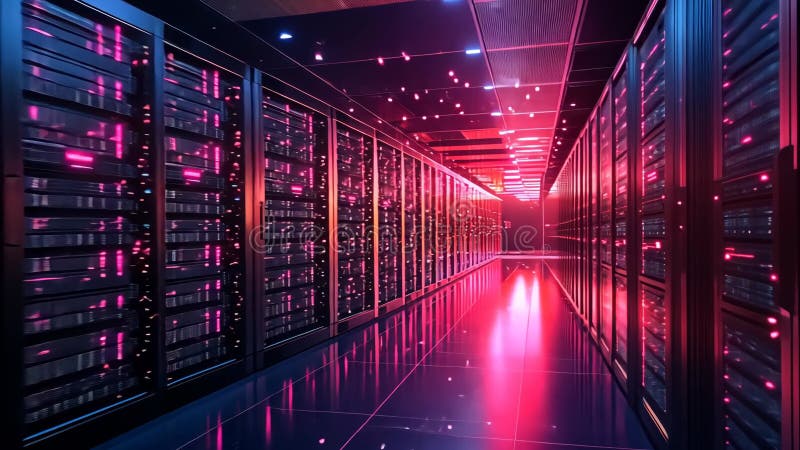 A Futuristic Data Center Showcases Sleek Black Server Racks Lit by ...