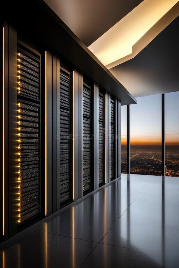 Modern Data Center with City Skyline View at Sunset Stock Photo - Image ...