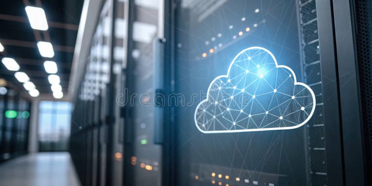 Modern Data Center with Cloud Computing Icon on Server Rack in High-Tech Environment Stock ...