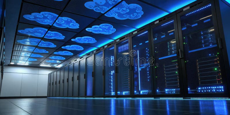 Modern Data Center with Cloud Design and Blue LED Lighting in a High ...
