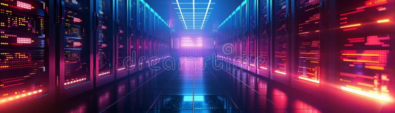 Modern Data Center with Colorful Neon Lights and Server Racks ...