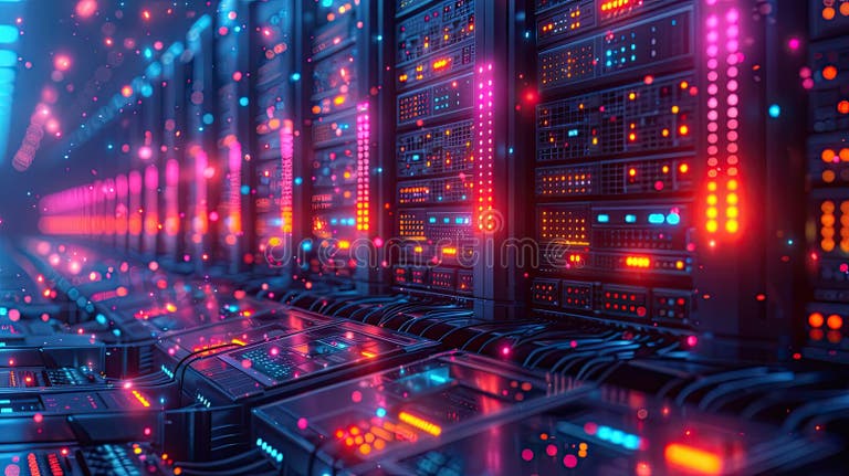 Modern Data Center with Colorful Server Racks and LED Lights ...