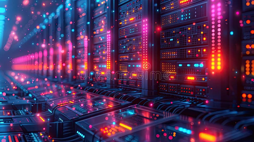 Modern Data Center with Colorful Server Racks and LED Lights ...