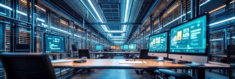 Modern Data Center with Computers and Digital Screens in High-tech ...