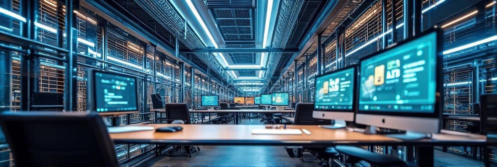 Modern Data Center with Computers and Digital Screens in High-tech ...