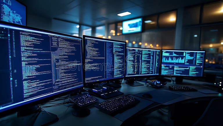 Modern Data Center Computers Displaying Coding Security System ...