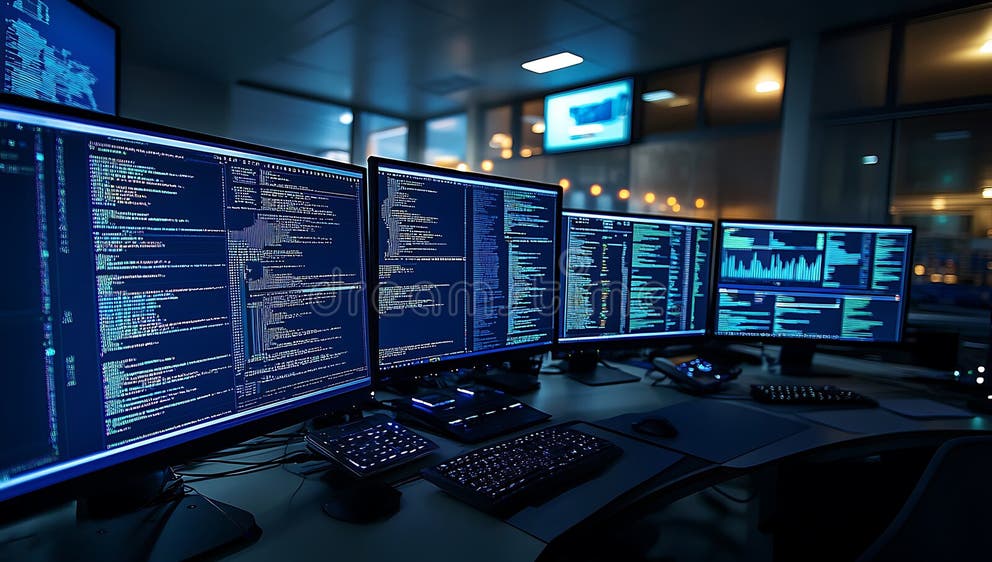 Modern Data Center Computers Displaying Coding Security System ...