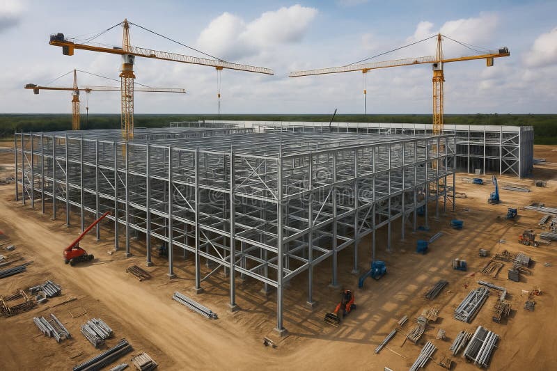 Modern Data Center Construction Site with Steel Framework and Cranes ...