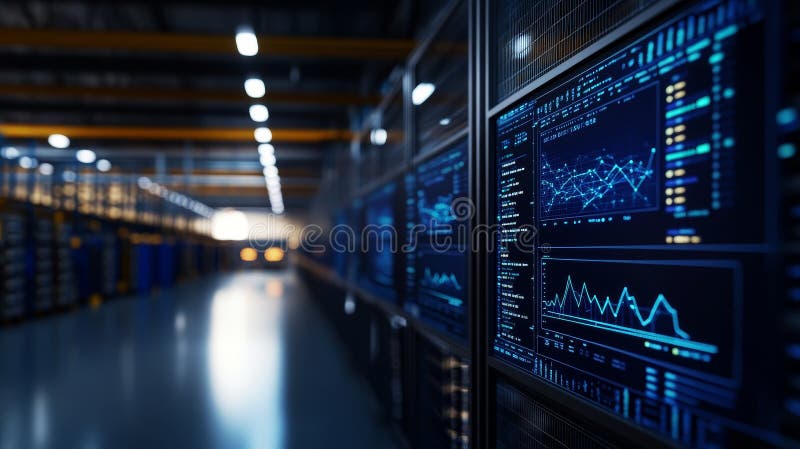 A Modern Data Center Control Room with Digital Monitors Displaying ...