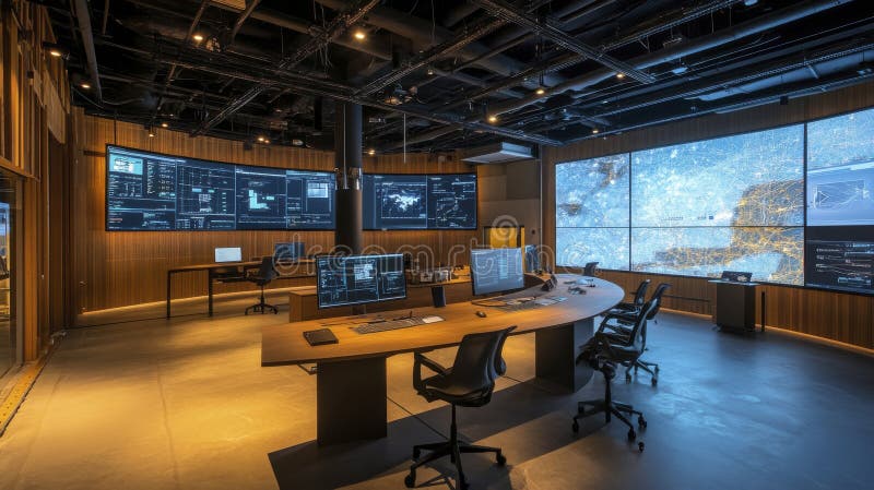 Modern Data Center Control Room Interior with Curved Workstations and ...