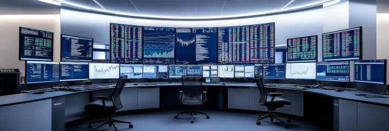 A Modern Data Center Control Room with Multiple Monitors Displaying ...