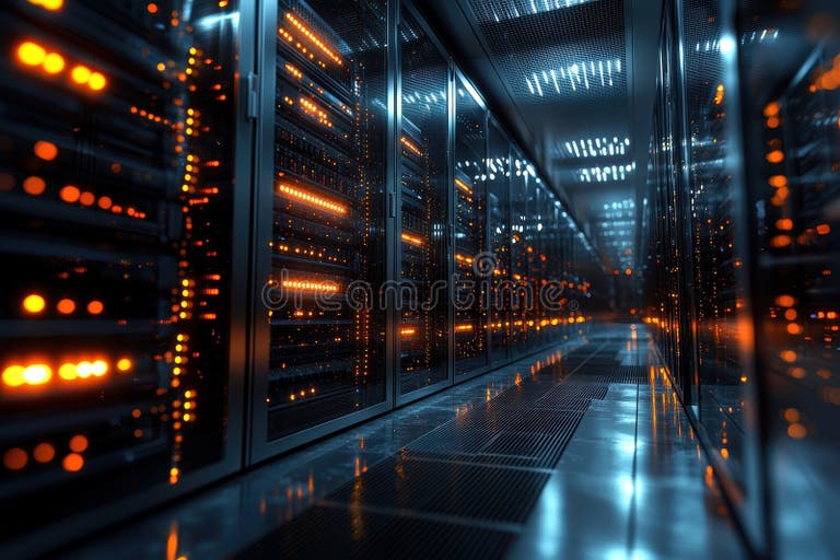 Modern Data Center Corridor with Active Server Racks and Flashing Lights for Technology and ...