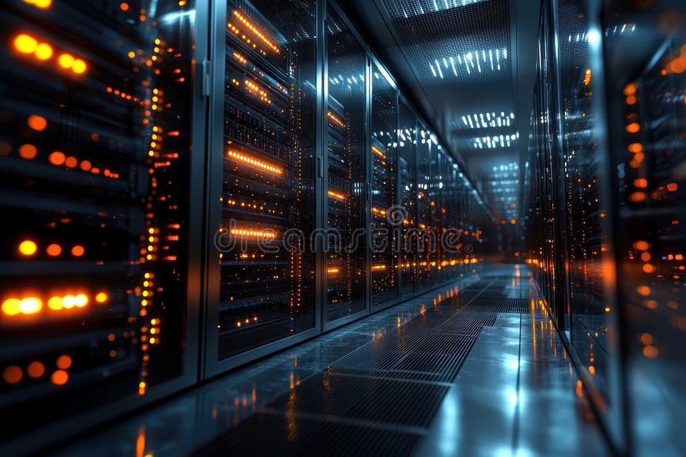 Modern Data Center Corridor with Active Server Racks and Flashing Lights for Technology and ...