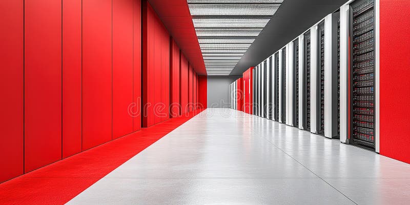 Modern Data Center Corridor Featuring Red and Gray Design Elements and ...