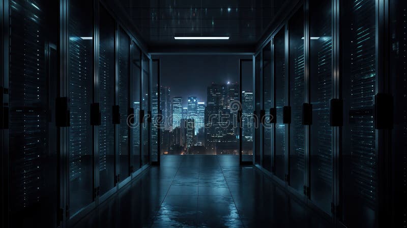 Modern Data Center Corridor with Glowing Server Lights at Night Stock ...