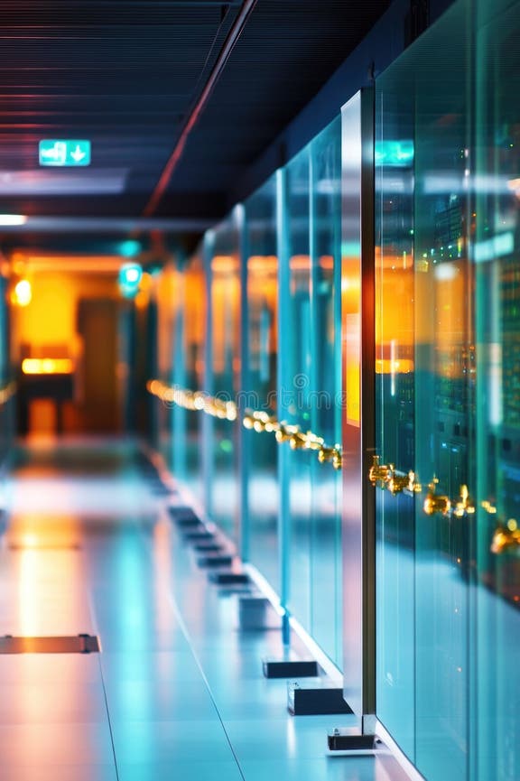 Modern Data Center Corridor with Illuminated Glass Server Racks at ...
