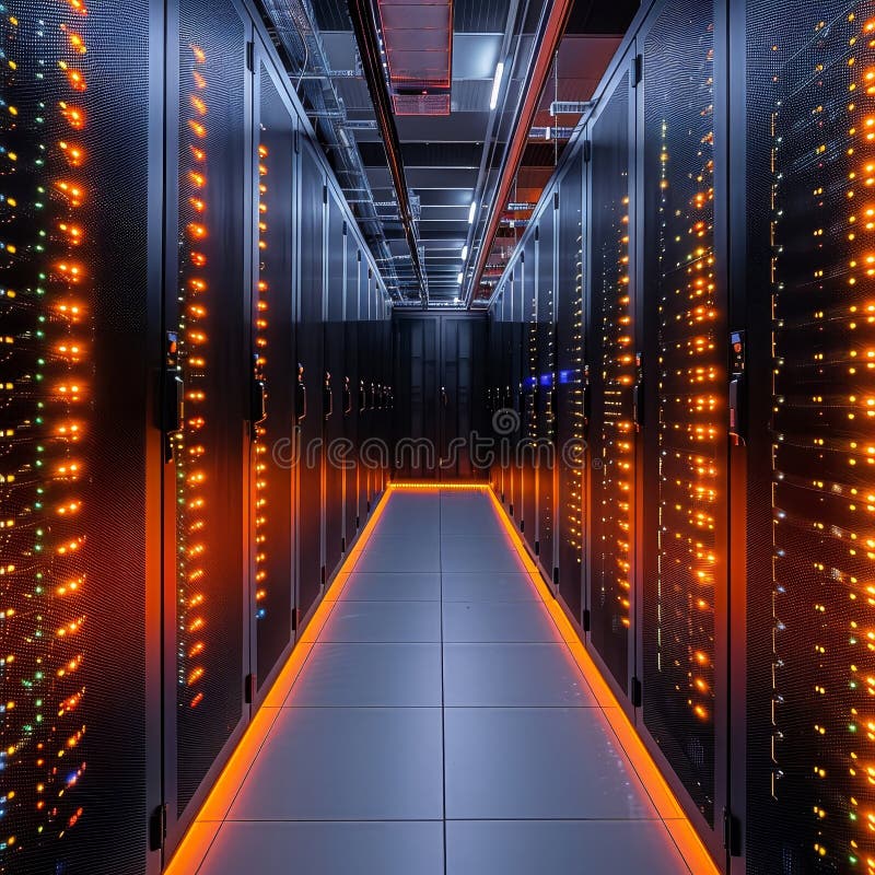 Modern Data Center Corridor Illuminated with LED Lights at Night Stock ...