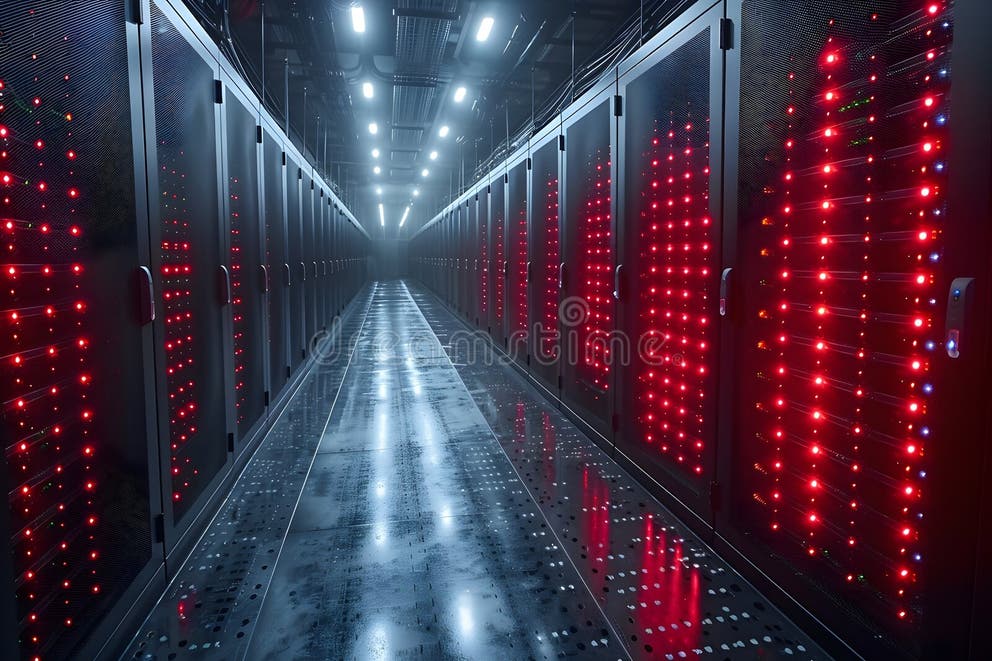 Modern Data Center Corridor with Illuminated Servers and Advanced ...