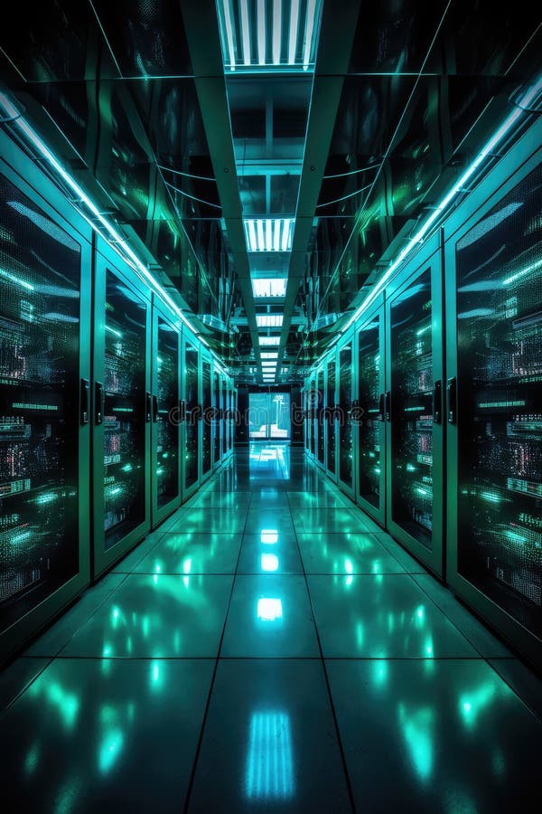 Modern Data Center Corridor Illuminated with Teal Lighting Stock ...
