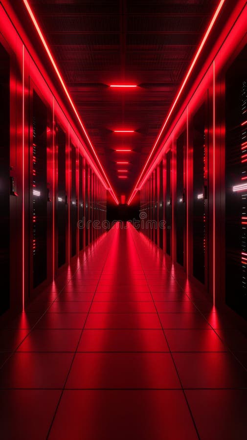 Modern Data Center Corridor with Red Lights. Advanced Technology and ...