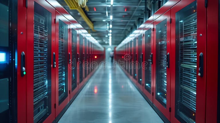 Modern Data Center Corridor with Red Server Racks and Advanced Cooling ...