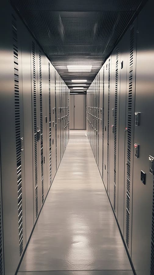 Modern Data Center Corridor with Rows of Server Racks and Advanced ...