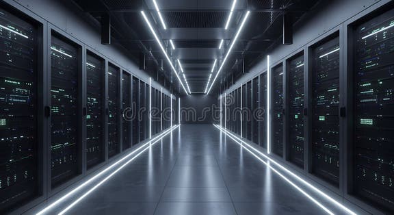 A Modern Data Center Corridor with Rows of Server Racks on Both Sides ...