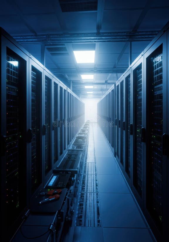Modern Data Center Corridor with Rows of Server Racks Illuminated by ...
