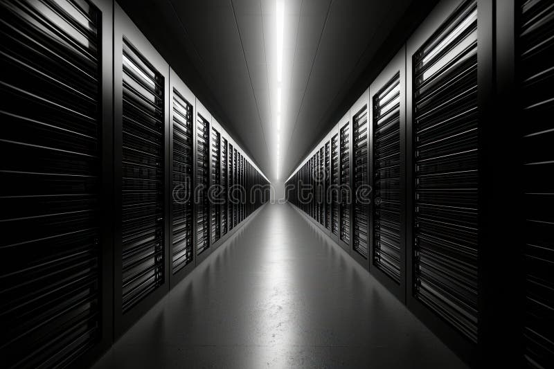 Modern Data Center Corridor with Server Racks and Bright Ceiling Lights ...