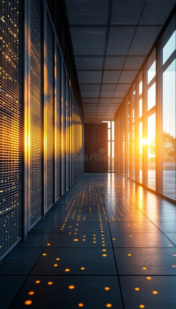 Modern Data Center Corridor with Server Racks and Sunset Light ...