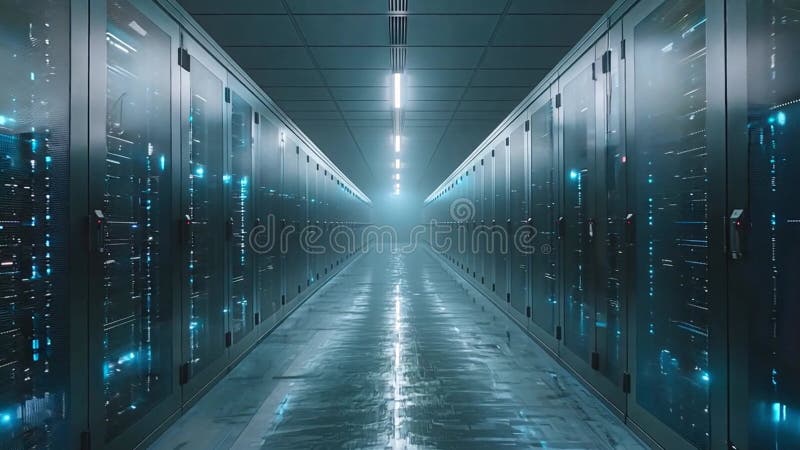 Modern Data Center Corridor with Servers and Blue Lighting at Night ... Modern Data Center Corridor with Servers and Blue Lighting at Night ...