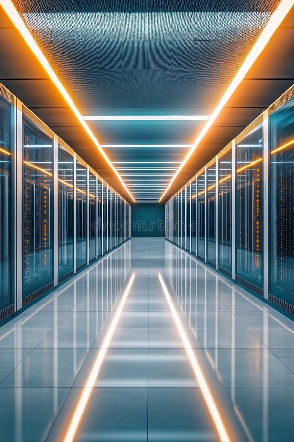 Modern Big Data Server Room Corridor Hallway with High Racks Full of ...