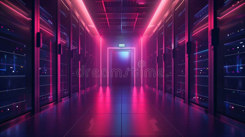 Modern Data Center Corridor with Vibrant Neon Lights, Showcasing High ...