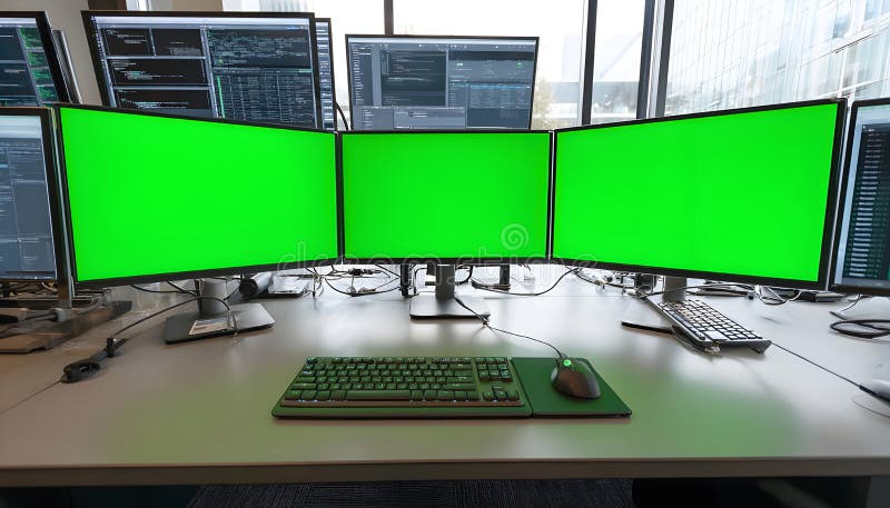 A Modern Data Center Desk with Multiple Monitors and Green Screen ...