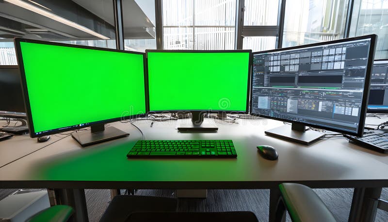 A Modern Data Center Desk with Multiple Monitors and Green Screen ...