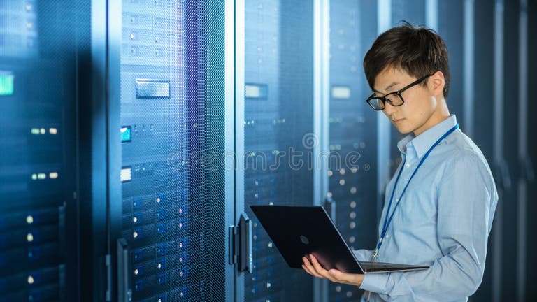 In the Modern Data Center: it Engineer Standing beside Server Rack ...