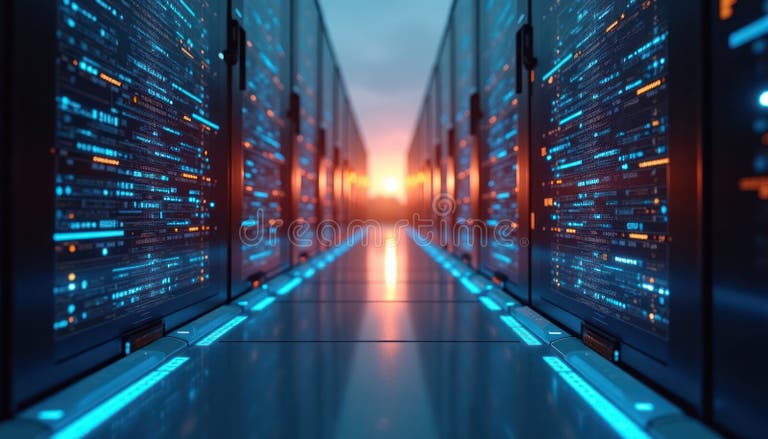 Modern Data Center Evening Optimization by Machine Learning Algorithms. Panels of Screens ...